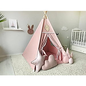 RONGFA Kids Teepee Tent with White Pom Pom - Indoor Play Teepee for Children Boys Portable Play House (Pink)