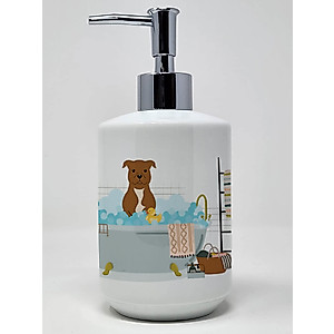 Caroline's Treasures WDK5744SOAP Brown Staffordshire Bull Terrier in Bathtub Ceramic Soap Dispenser Hand Soap Dispenser Pump Bottles for Bathroom Kitchen, Empty Refillable Liquid Soap Container