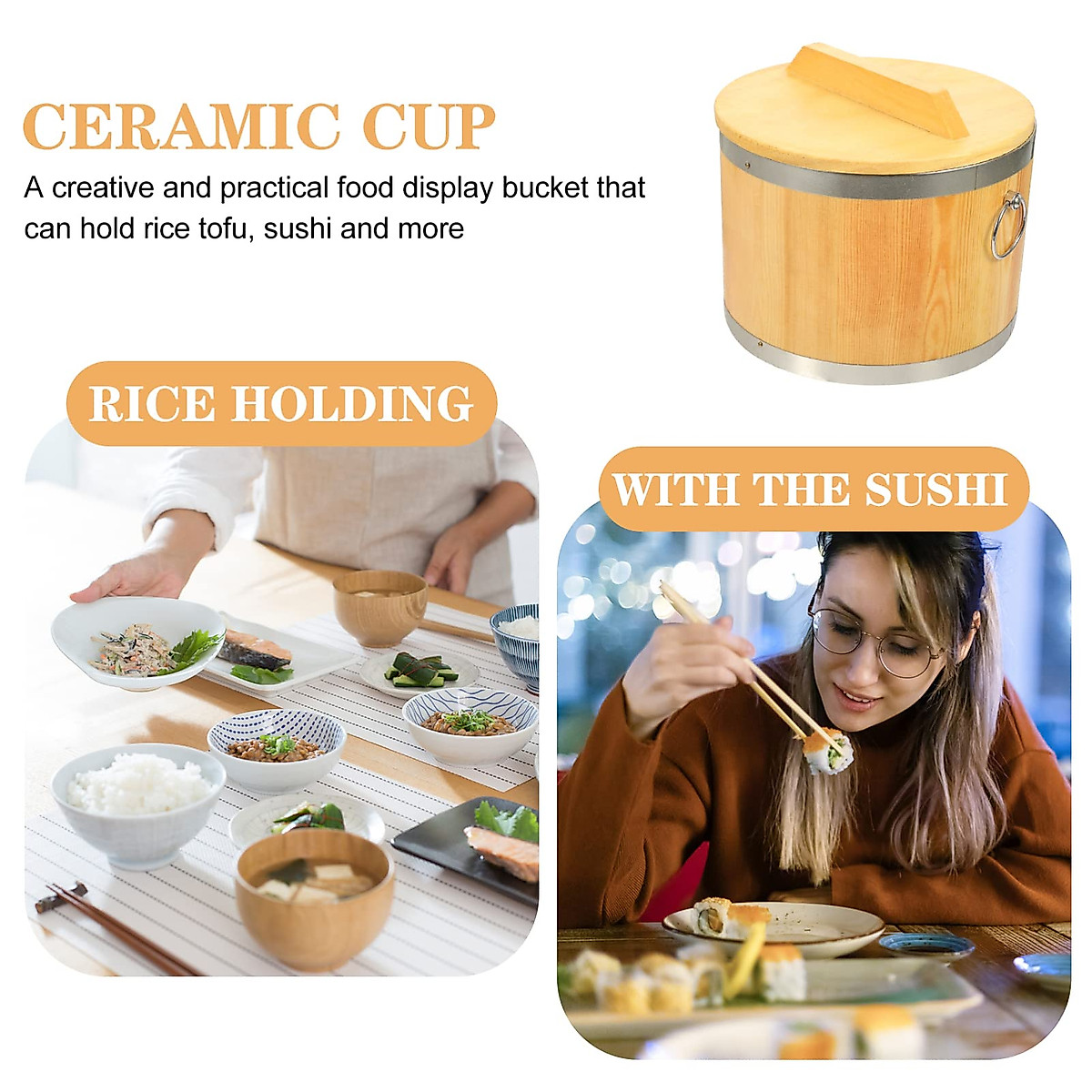 Hemoton Sushi Rice Cooling Bowl Wooden Rice Bucket Wooden Hangiri Sushi Rice Mixing Tub with Lid Stainless Steel Rice Warmer Japanese Rice Cooking Tub