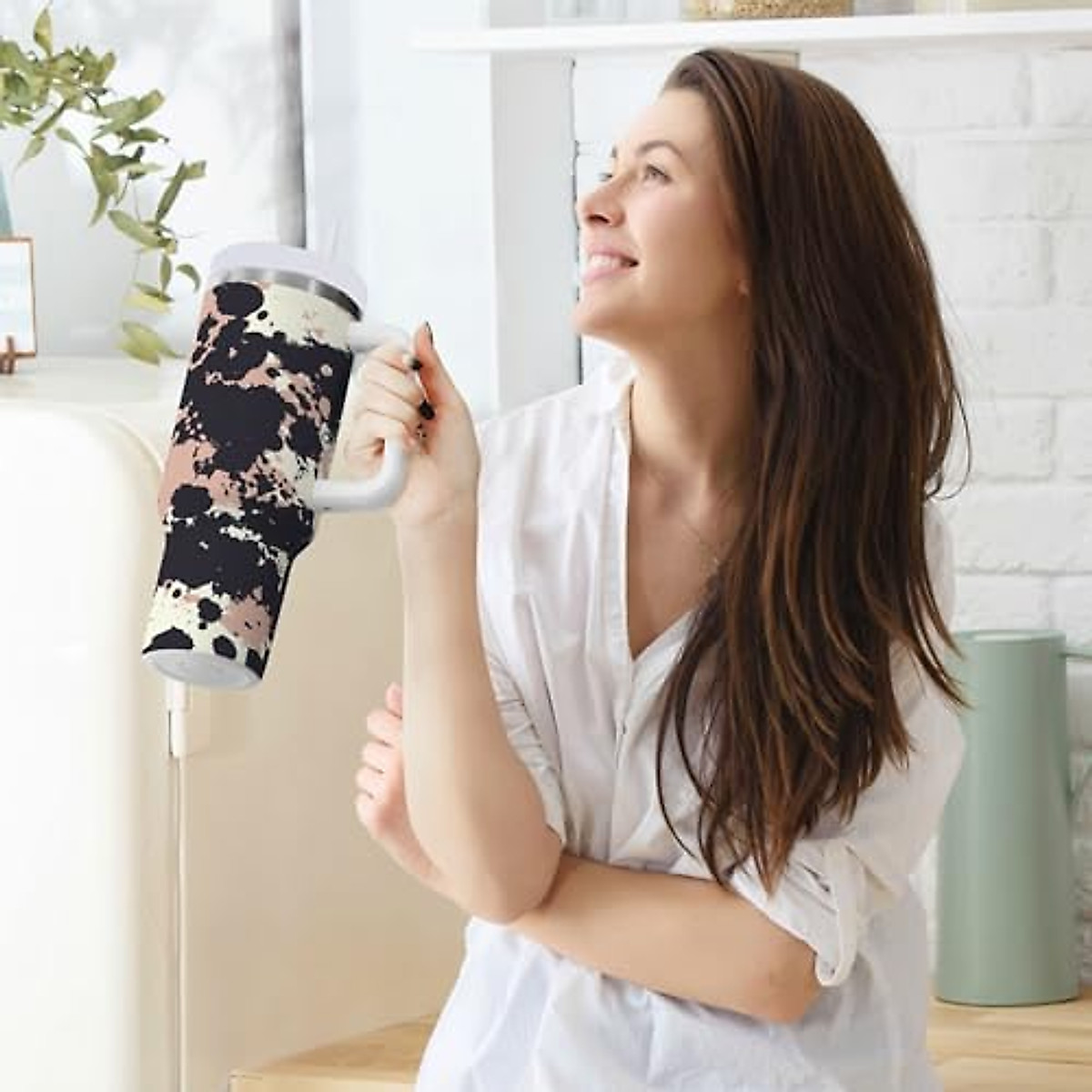 GKCLOCK 40 oz Tumbler with Handle and Straws, Insulated Reusable Stainless Steel Travel Coffee Mug Water Bottle for Office & Outdoor, Cupholder Friendly (Pink Camouflage Style)