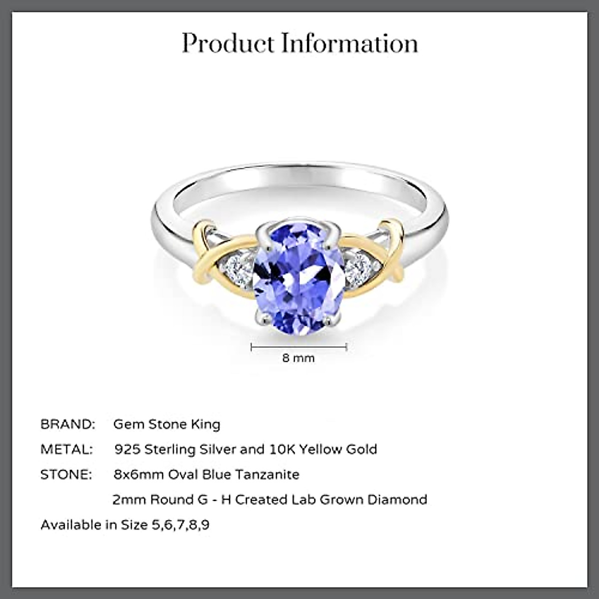 Gem Stone King 10K Yellow Gold and 925 Sterling Silver Blue Tanzanite and White Lab Grown Diamond Ring For Women (1.24 Cttw, December Gemstone Birthstone, Available in Size 5,6,7,8,9)