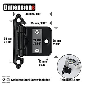 JQK 1/2 Inch Overlay Cabinet Door Hinges Black, 20 Pack 10 Pairs Flush Face Mount Cupboard Self-Closing Kitchen Cabinet Hinges with Door Bumper, CH200-BK-P20