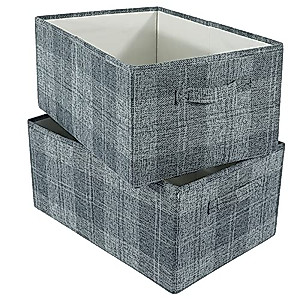 ANMINY 2PCS Storage Bins Set Foldable Cotton Linen Open Storage Baskets Box with Handles Washable PP Plastic Board Plaid Pattern Decorative Nursery Baby Kid Clothes Laundry Organizer - Gray, Medium