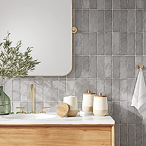 Barnyard Designs S/3 Ceramic Bathroom Canisters, Apothecary Jars with Lid, Qtip Holder Bathroom Set Cotton Ball Holder Jar for Bathroom Storage, Decorative Bathroom Jar with Lid, Spa Decor, 4.75x6, Beige