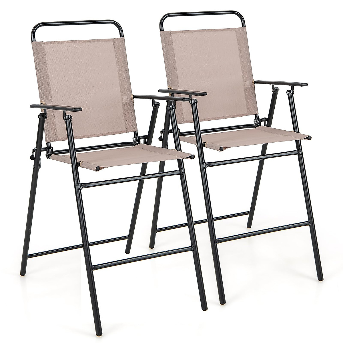Tangkula Outdoor Folding Bar Stool Set of 2, Patio Dining Chairs w/Breathable Fabric & Metal Frame, Outdoor Bar-Height Stools w/Armrests, Portable Bar Chairs for Backyard Poolside Balcony (1)