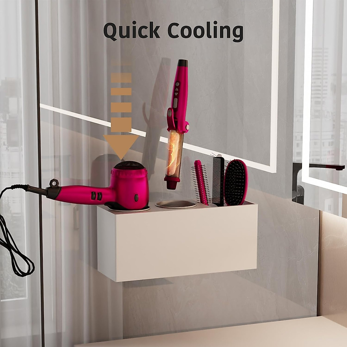 ZASIMO Wall Mount Hair Tool Organizer, Acrylic Hair Dryer Holder with 2 Stainless Steel Cup, Bathroom Accessories Storage for Blow Dryer, Curling Wand, Flat Iron, Hair Straighteners