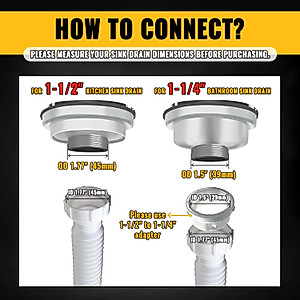 VIVIDA 1-1/2" Sink Drain Pipe Kit, Flexible Sink Drain Pipe P-Trap, 7.5"-17.7" Flexible Sink Drain P-Trap for Bathroom Sink and Kitchen Sink, 1-1/4" Adapter Included, 1 PACK