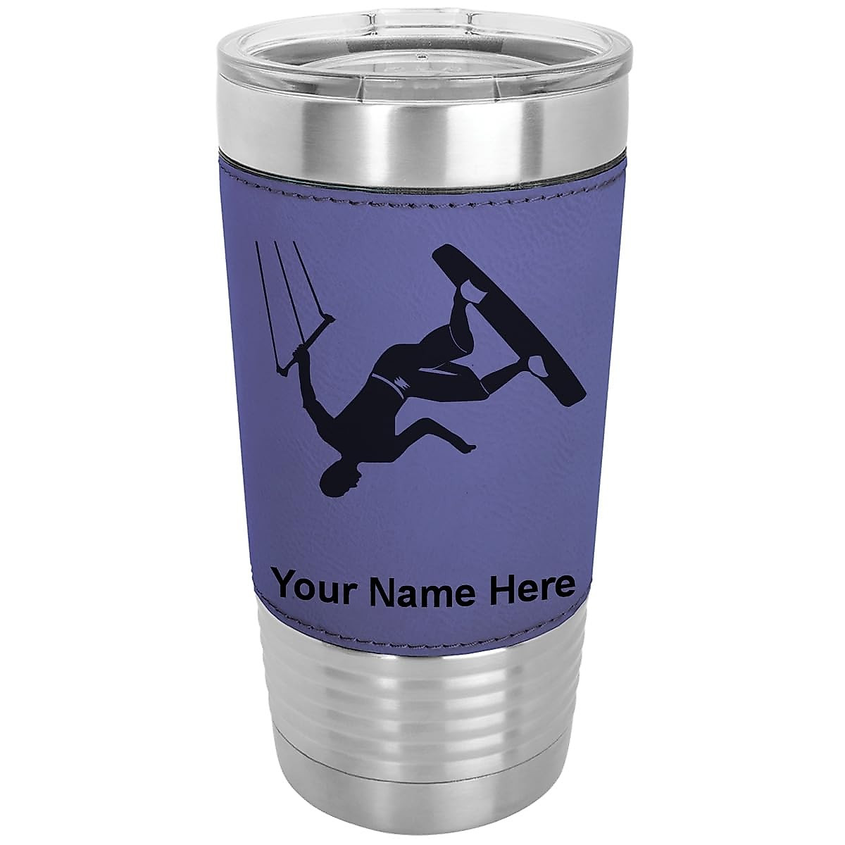 LaserGram 20oz Vacuum Insulated Tumbler Mug, Kite Surfing, Personalized Engraving Included (Faux Leather, Dark Purple)