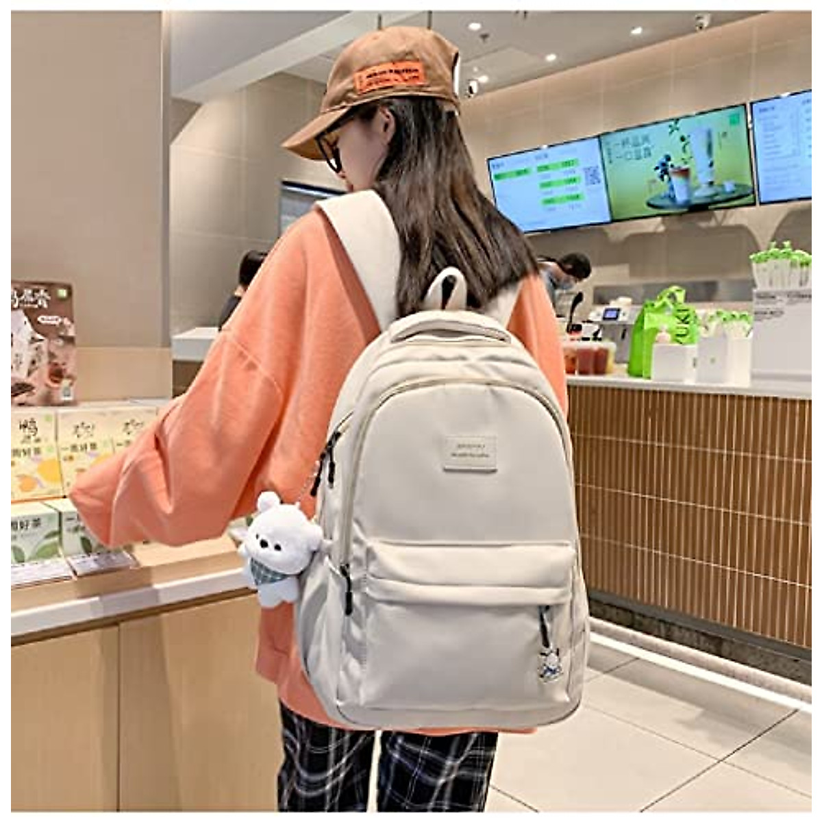 Cute Backpack Kawaii Backpack Aesthetic Supplies Cute Aesthetic Backpack for College Laptop Travel Supplies (Beige White)