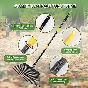 Coopvivi Garden Leaf Rakes, 6FT Rakes for Lawns Heavy Duty 25 Metal Tines 18.5 inch Wide, Adjustable Long Steel Handle, Rakes for Leaves, Gathering Shrub, Leveling Grass, Flower Beds, Yards