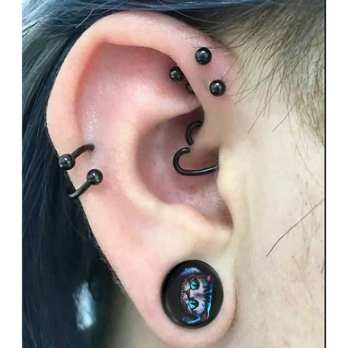 1 Piece of 5/8 Inch - 16mm Cheshire Cat Logo Internally Threaded Black Acrylic Double Flared Flesh Ear Plug