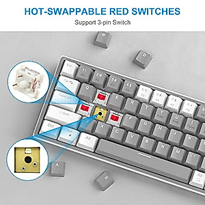 MageGee 60% Mechanical Gaming Keyboard, 68 Keys Hot-Swappable Compact Blue LED Backlit Gaming Keyboard, SKY68 Wired Ergonomic Mini Office Keyboard for Windows PC Gamer (Red Switch, White & Gray)