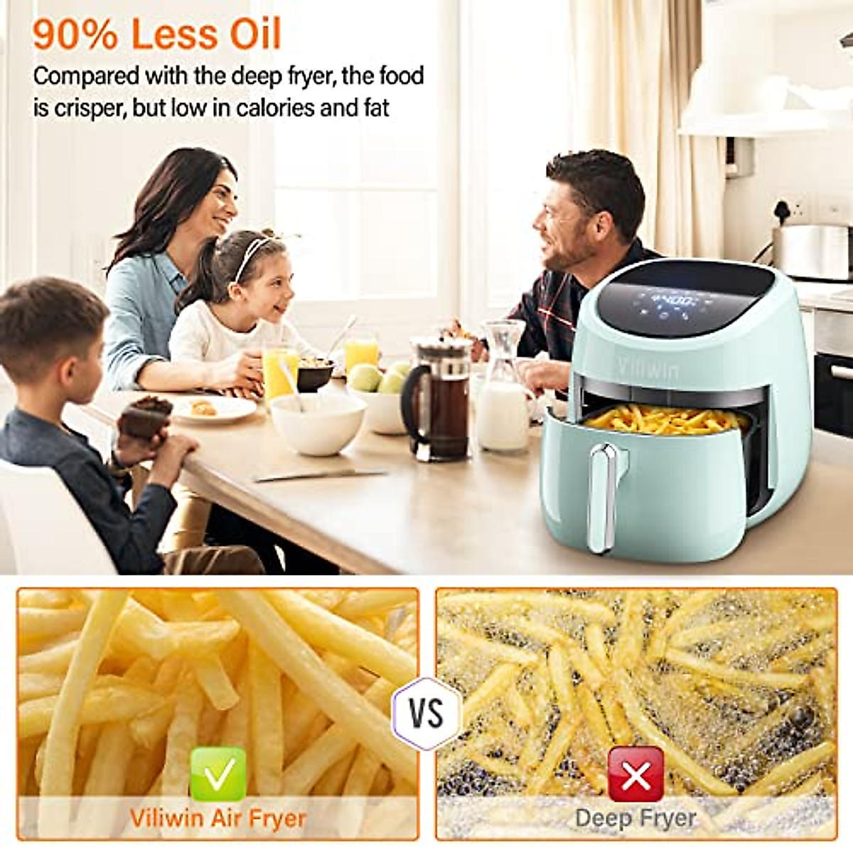VILIWIN Air Fryer 4.5 QT 8 Preset Menus AirFryer with Auto Shut Off 30 Minute Timer Adjustable and Air Fryer Paper Liners 50PCS Disposable Square Parchment Liner 6.3 inch for 4-6 QT Air Fryers Basket