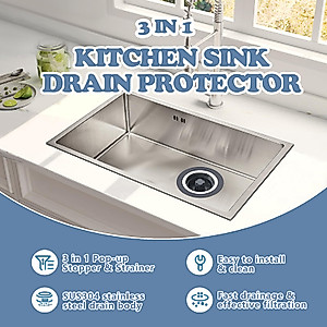 Upgraded 3 in 1 Kitchen Sink Drain Strainer & Stopper Kit, SUS304 Stainless Steel Pop-up Kitchen Drain Stopper with Strainer Basket, Fast Drainage Kitchen Sink Plug for Standard 3-1/2 Inch Drain