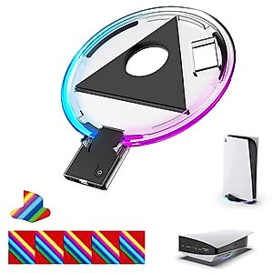 MYLD PS5 LED Console Stand & 5 PCS Vinyl Logo Underlay Sticker, Adjustable RGB Led Light for PS5 Base, Multi-Color LED Light Accessories for Playstation 5 Console (Disc & Digital), USB Powered