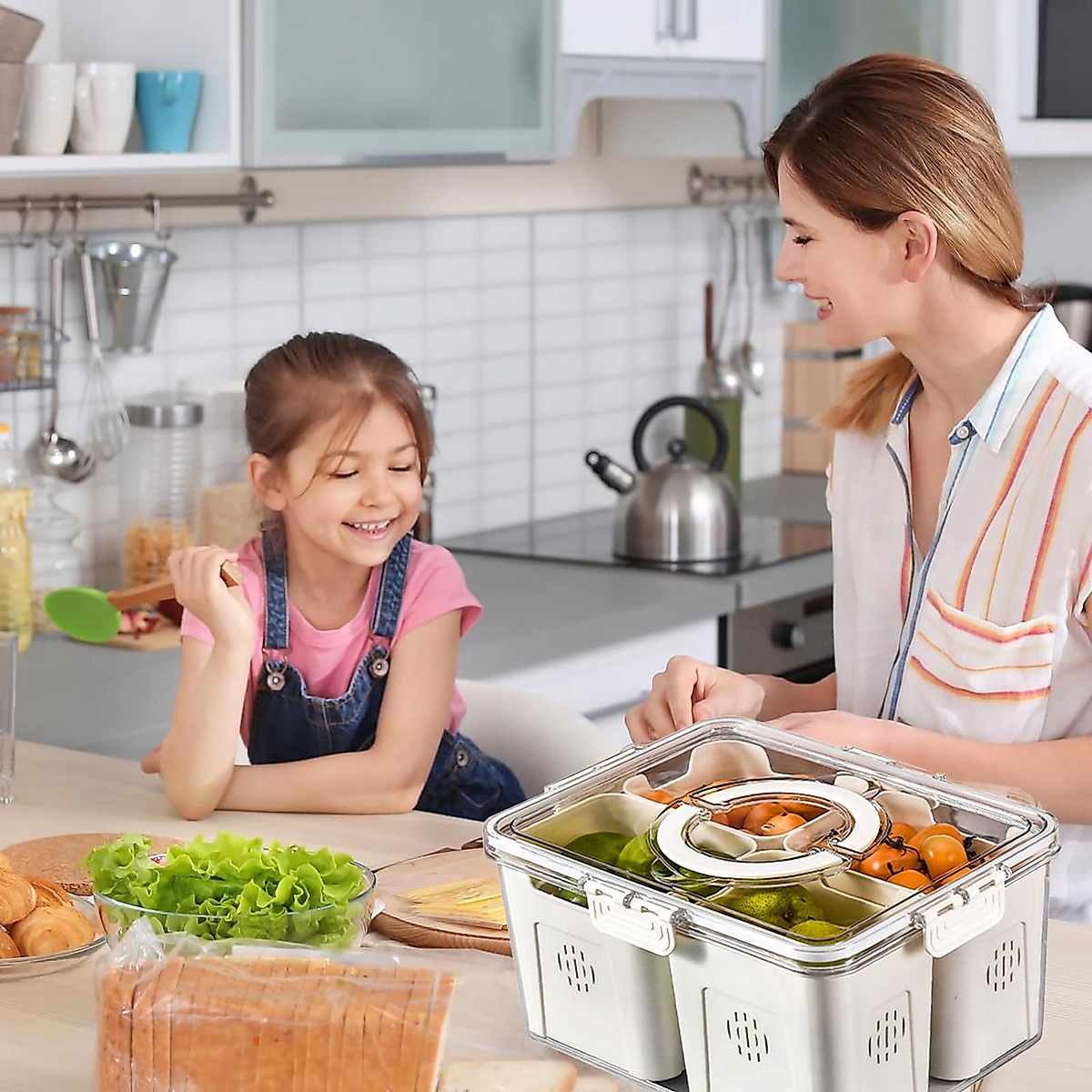 Fridge Storage Containers for Fruits and Vegetables Reusable 4 Removable Basket Fridge Organizers and Storage with Handle Produce Saver Fresh Keeper Bin Basket with Lids & Removable Drain Tray