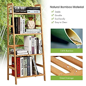 Giantex 4-Tier Ladder Shelf Plant Stand, Bamboo Flower Pots Holder Display Rack, Multifunctional Ladder-Shaped Bookshelf Storage Shelves for Home Office Living Room Bathroom Bedroom Kitchen (Natural)