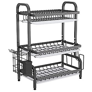 1Easylife Dish Drying Rack, 3 Tier Dish Rack with Tray Utensil Holder, Large Capacity Dish Drainer with Cutting Board Holder Drain Board Tray for Kitchen Counter Organizer Storage (Gray)