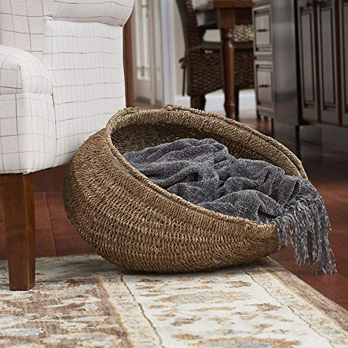 Household Essentials Brown Set of 2 Small Woven Wicker Storage Baskets with Handles | Natural Seagrass