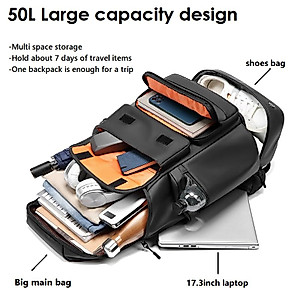 DBNAU Travel Backpack for Men, 50L Carry on Backpack with Separate Shoe Compartment, 17 inch Laptop Backpack, Large Weekender Bag, Flight Approved Waterproof Durable Luggage Bag