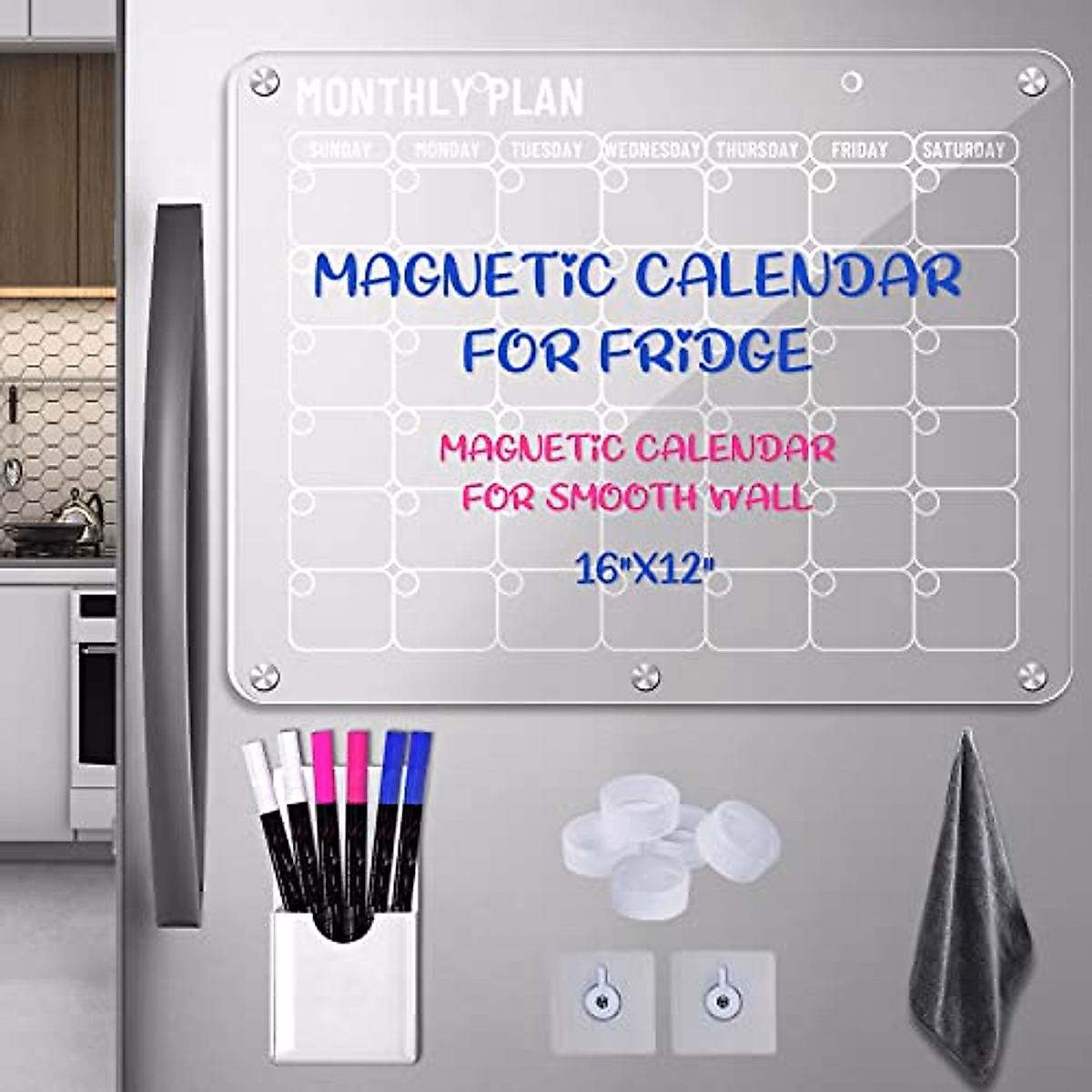 Acrylic Magnetic Dry Erase Board for Fridge 16"X12", Adhesive Monthly Acrylic Calendar Board for Refrigerator/Wall, Clear Acrylic Fridge Calendar White Board with 6 Dry Erase Markers and Eraser