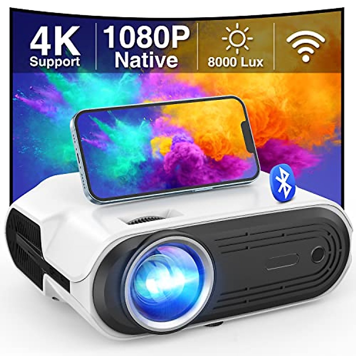 Native 1080P WiFi Bluetooth Projector with 200'' Display, 8000Lux Full HD 4K Support Movie Video Projector Compatible w/ iOS Android Smartphone Tablet, HDMI/VGA/USB/TV Stick, Auto Sleep Timer