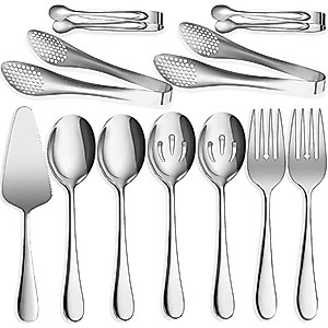 IAXSEE 11 PCS Serving Utensils, Large Stainless Steel Spoons Forks Tongs, Pie Server, Great for Hostess Buffet Catering Banquet Party, Silver