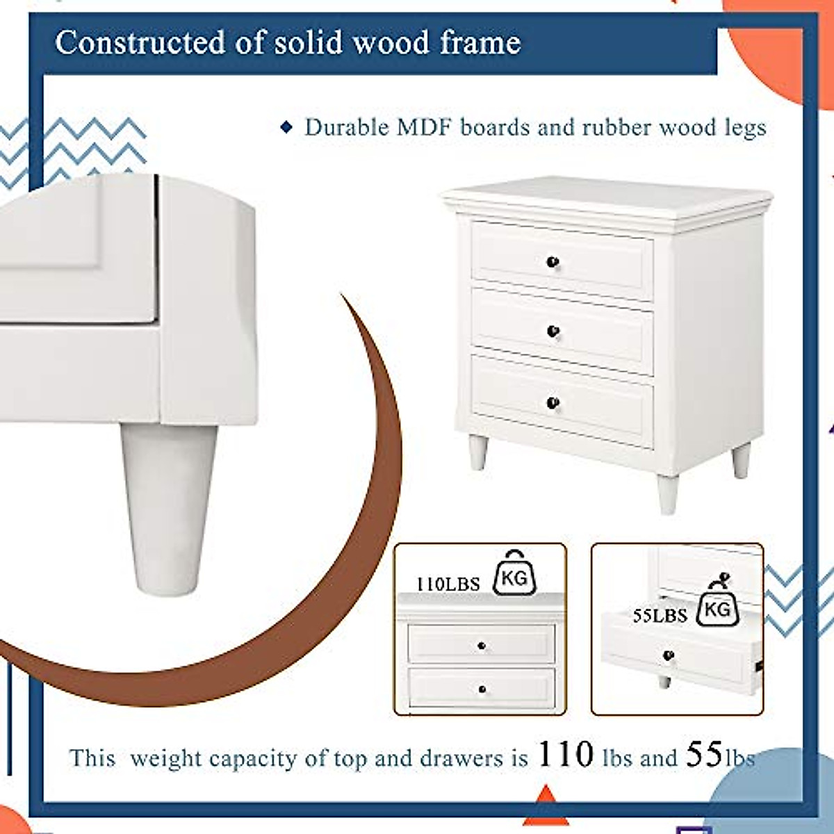 Knocbel 3-Drawer Night Stand, Solid Wood Bedside Nightstand Sofa Side End Table, Fully Assembled, 28.1" H x 27.9" W x 16.9" D (White)