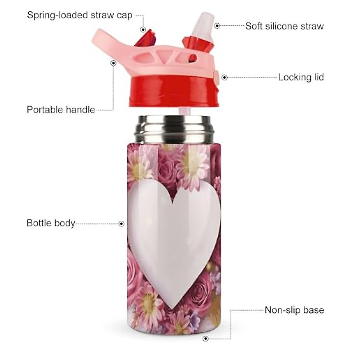Stainless Steel Water Bottles Card Heart Shape Flowers Travel Water Cups with Handle And Silicone Straw Drinking Cup with Leak Proof Lid Thermo Travel Mug for Women Men