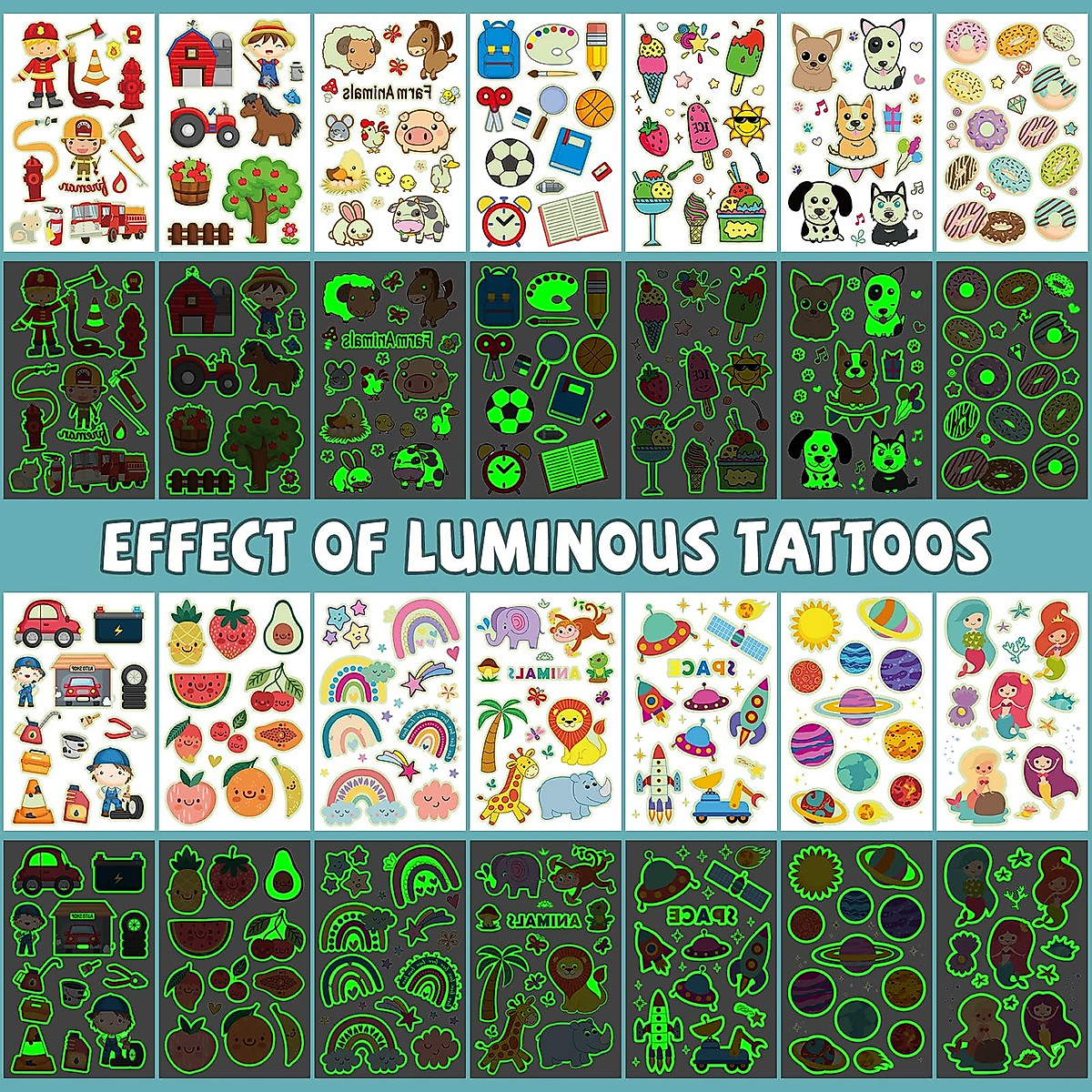 EMOME 600+ Mix Styles Glow Kids Tattoos for Party Supplies,Luminous Temporary Tattoos Stickers for Girls Boys,Fake Tattoos Kids Birthday Party Favors (56 Sheets)