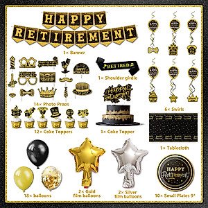 Retirement Party Decorations - 68 pcs Gold Black Happy Retirement Decorations with Banner, Tablecloth, Small Plates Photo Props, Cake Topper, Cupcake Toppers, Balloons, Swirls Shoulder Girdle for Men
