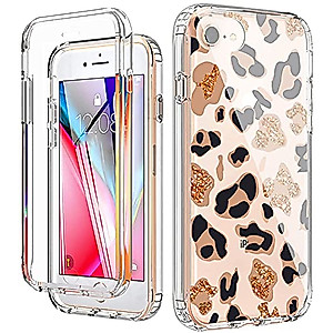 YiYiYaYa for iPhone SE 2022 Case, iPhone SE 2020 Case with Built in Screen Protector, Clear Floral Pattern for Girls Women, Full Body Shockproof Case for iPhone 6/6S/7/8/SE 2020/2022 Golden Leopard