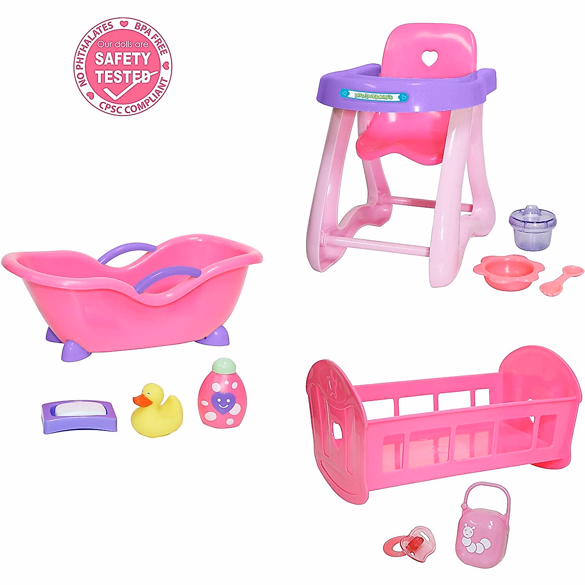 JC Toys Deluxe Doll Accessory Bundle | High Chair, Crib, Bath and Extra Accessories for Dolls up to 11" | Fits 11" La Baby & Other Similar Sized Dolls, Pink (81453)