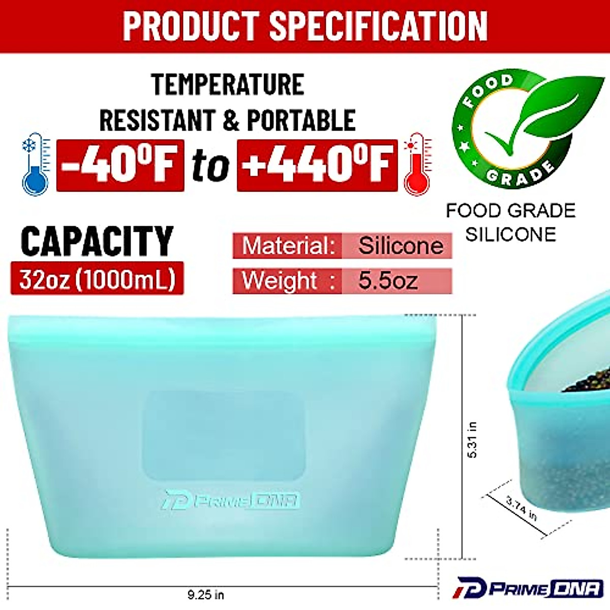 Reusable Silicone Food Storage Bags (Large 32oz = 1 Quart). These Zip Top Reusable Silicone Containers Make Great Freezer, and Oven Bags and Can Handle Extreme Temperatures. Airtight Zip Seal.