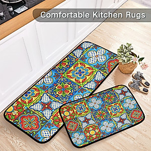 Emelivor Mexican Talavera Tiles Kitchen Rugs and Mats Set 2 Piece Non Slip Washable Runner Rug Set of 2 for Kitchen Floor Home Sink Ladunry Office