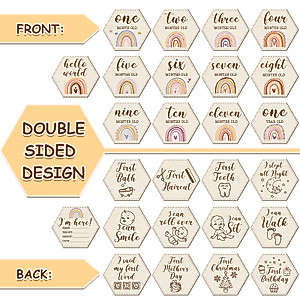 13 Pcs Wooden Baby Shower Milestone Blocks Cards Wood Baby Shower Month Signs Discs Boho Double Side Print Marker Gift Photo Prop Disc Set Birth Announcement for Baby Shower Newborn(Rainbow)