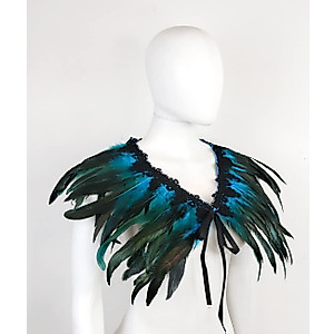 ZAKIA Women's Natural Feather Shawl Cape Halloween Shrug Black Brown Poncho Collar (Blue)