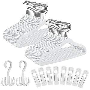 Tinfol Kids Velvet Hangers 60 Pack, White Non-Slip Toddler Hangers, Space Saving Felt Baby Hangers with 8 Velvet Hanger Clips for Children's Clothes, Newborn Clothes, Toddler Clothes