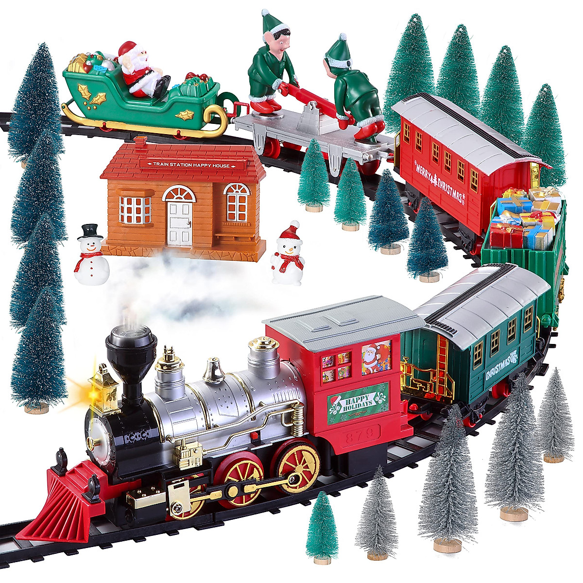 JOYIN Christmas Train Set with Real Smoke, Battery Operated Electric Train Set Including Steam Locomotive Engine, Passenger Car, Gift Car, 2 Xmas Elves, 1 Santa Santa and More! Best Xmas Train Gifts