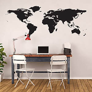 Black World Map Wall Decal – Easy to Apply Modern Large Earth Mural – Vinyl Atlas Graphic Wall Decoration Art for Kids Room, Nursery, Living Room, or Bedroom