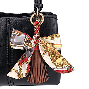 QTMY Silk Ribbon Bow Tassel Bag Pendant Charm Keyring Keychain for Women Purse Handbag Decor (Brown)