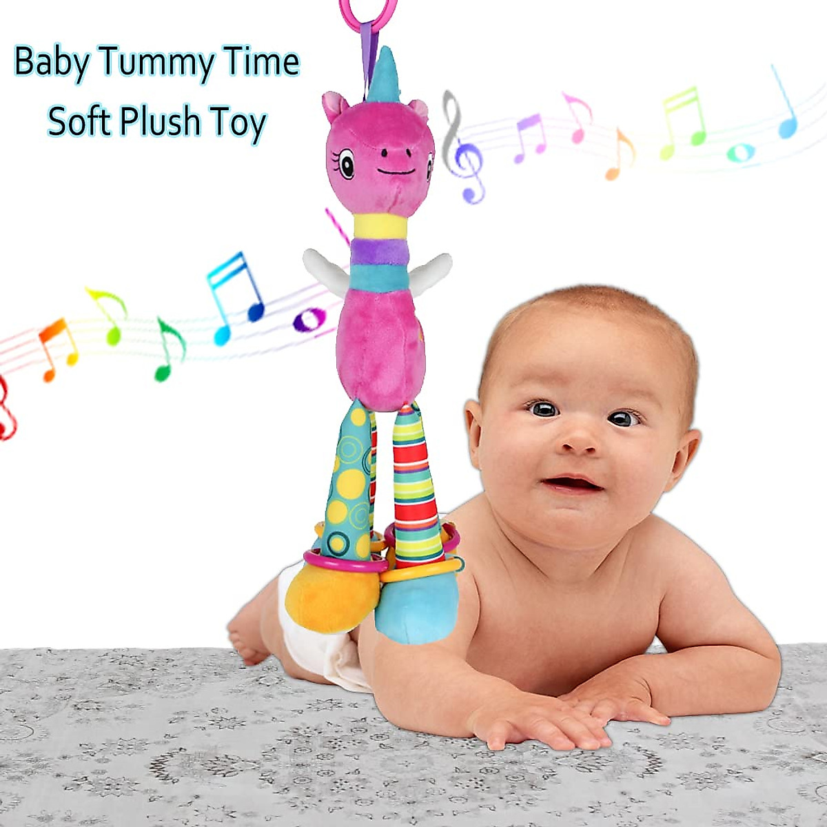 KAKIBLIN Baby Car Seat Toy, Baby Stroller Toys, Soft Hanging Rattle Baby Toy Teething Stuffed Toy, Animal Plush Wind Chime with Teether and C-Clip Ring for Infant(Pink)