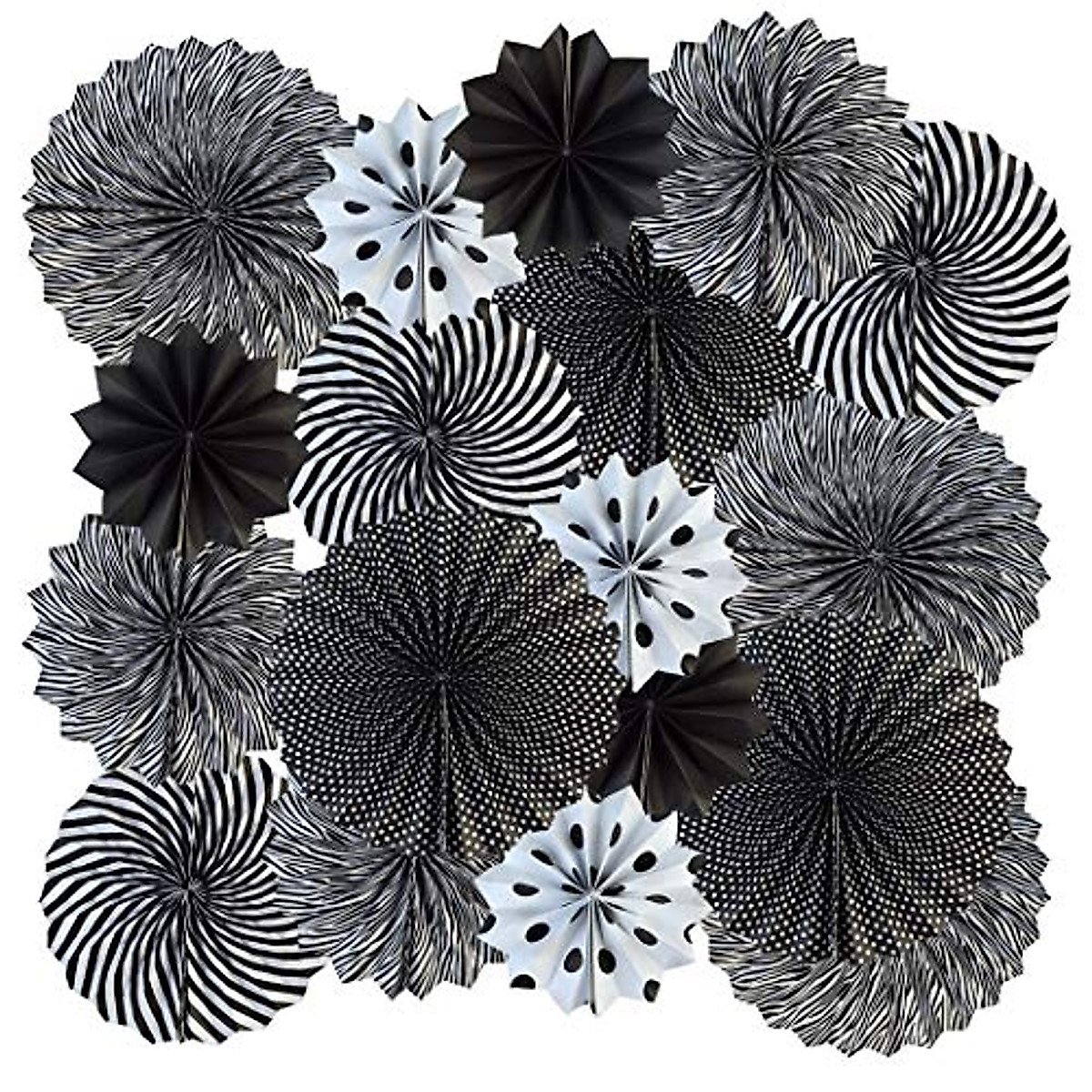 18pcs Party Hanging Paper Fans Set Black White Round Paper Fans Decorative Pattern Folding Fans Halloween Hanging Paper Fan Garlands for Halloween Birthday Wedding Graduation Events Accessories