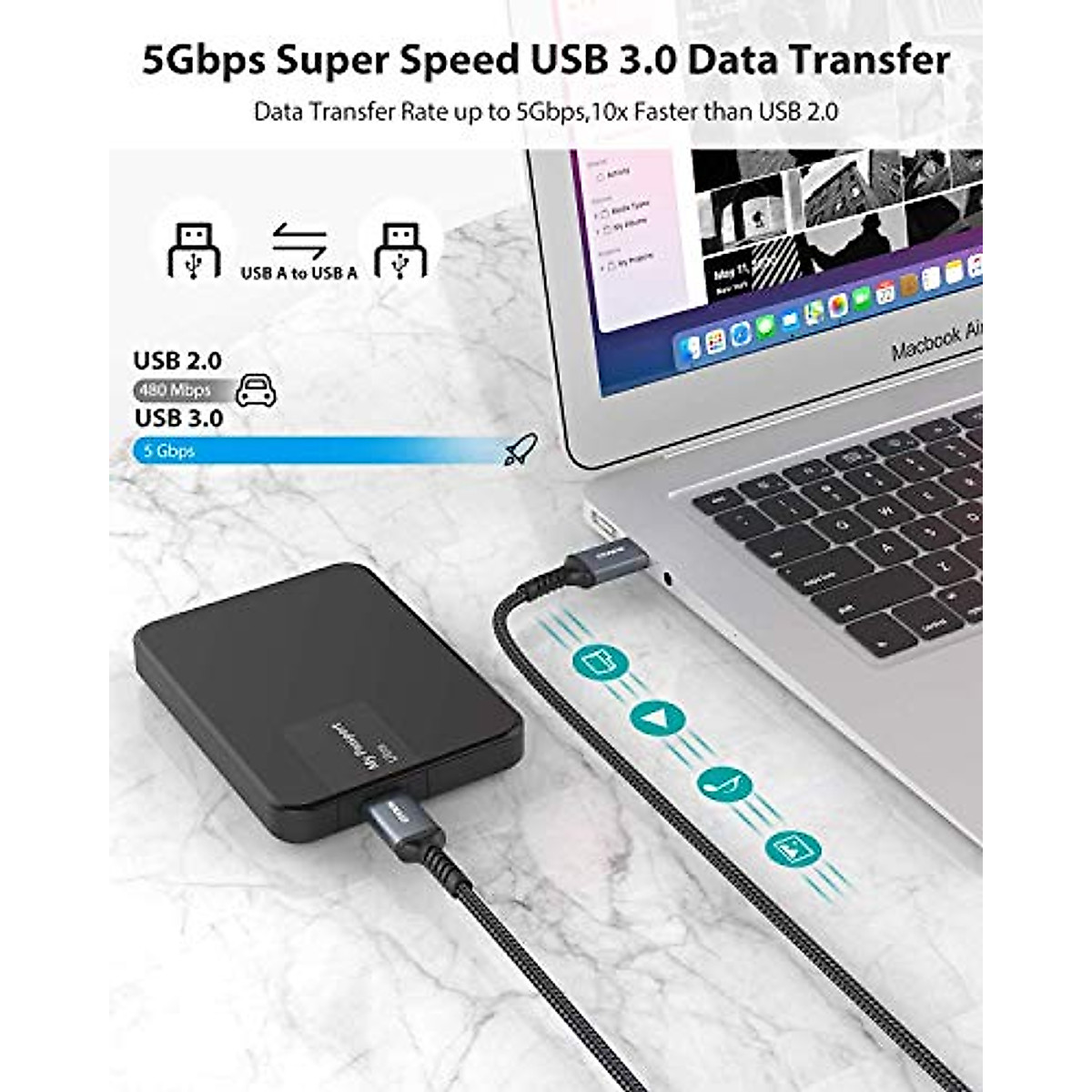 NIMASO USB A to USB A 3.0 Cable 2 Pack [6.6FT+6.6FT], USB to USB Cable, USB Male to Male Cable Double End USB Cord Compatible with External Hard Drive, DVD Player, Laptop Cooler,Camera and More