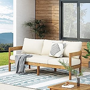 Merax 76.5" Outdoor 3 Seater Patio Sofa Acacia Wood Frame Conversation Set with Cushions