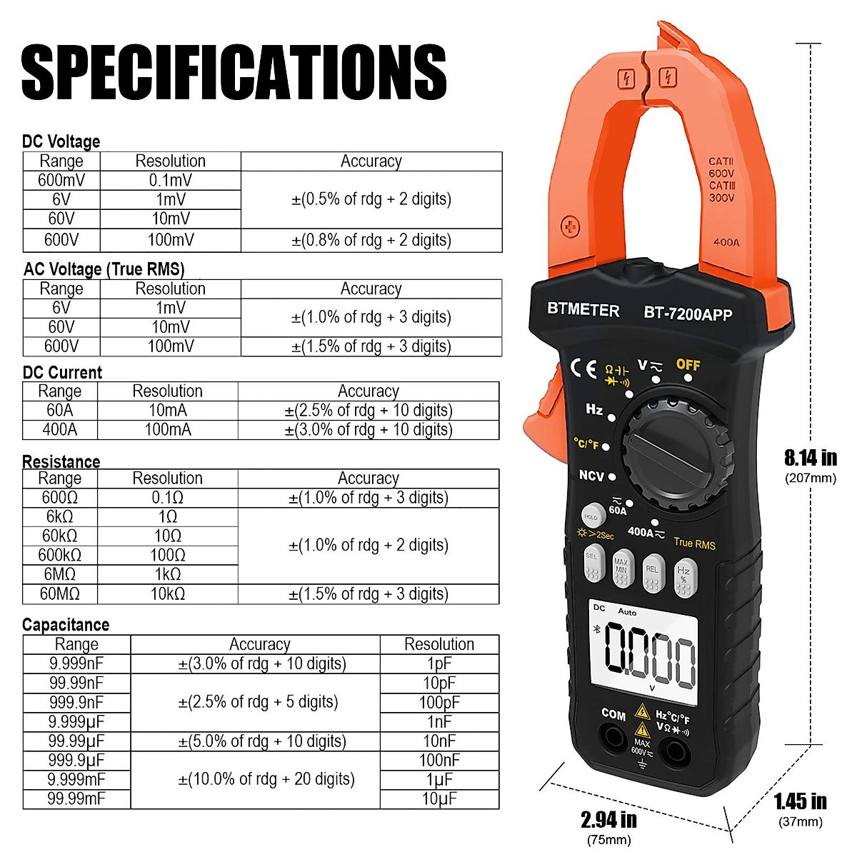 BTMETER BT-7200APP TRMS 6000 Counts Clamp Multimeter, Digital Clamp-on Ammeter for AC/DC Current Voltage Resistance Capacitor Frequency Continuity Temperature NCV Meter