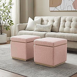 Linon Blush Sherpa Lexington Upholstered Square Storage Ottoman with Pine Wood Accent