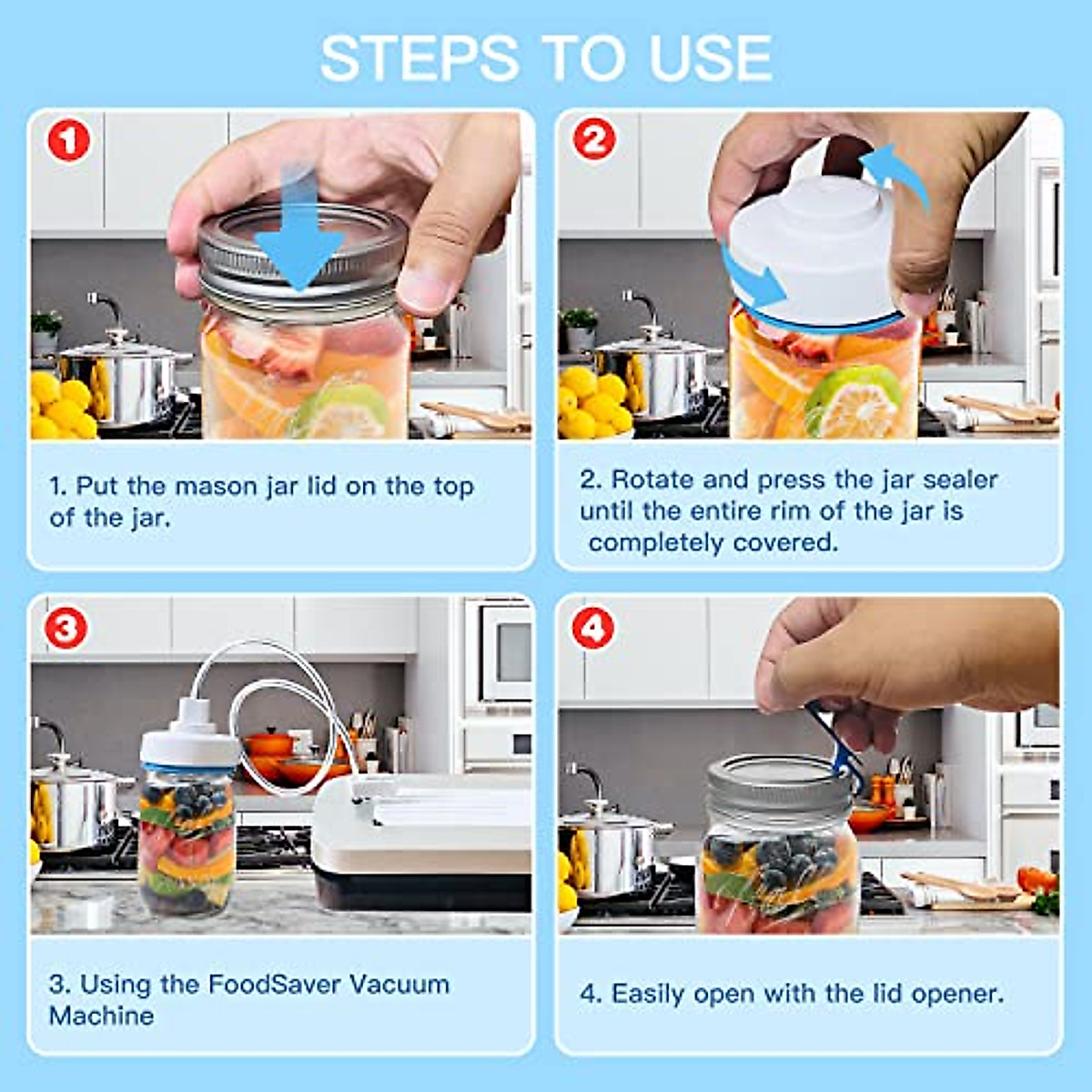 Jar Vacuum Sealer Accessories for Foodsaver Vacuum Sealer Food Storage and Compatible with Most Household Vacuum Machines Attachment for Mason Regular and Wide Mouth Jars