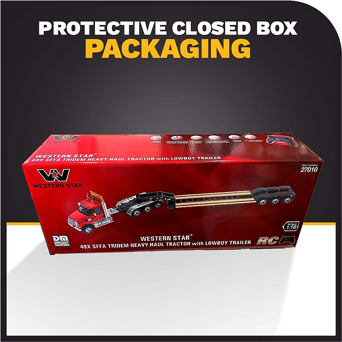 Diecast Masters RC Truck Western Star 49X SFFA Tridem Axle Heavy-Haul Tractor w/Lowboy Trailer | Radio Control Tractor Truck | 1:16 Scale Remote Control Truck and Trailer | Model 27010