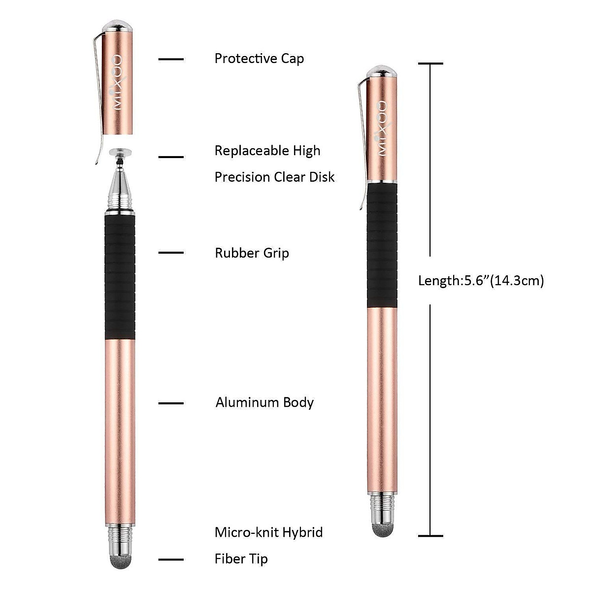 Mixoo Capacitive Stylus Pen, Disc & Fiber Tip 2 in 1 Series, High Sensitivity and Precision, Universal for ipad, iPhone, Tablets and Other Touch Screens, Model: Rose Gold